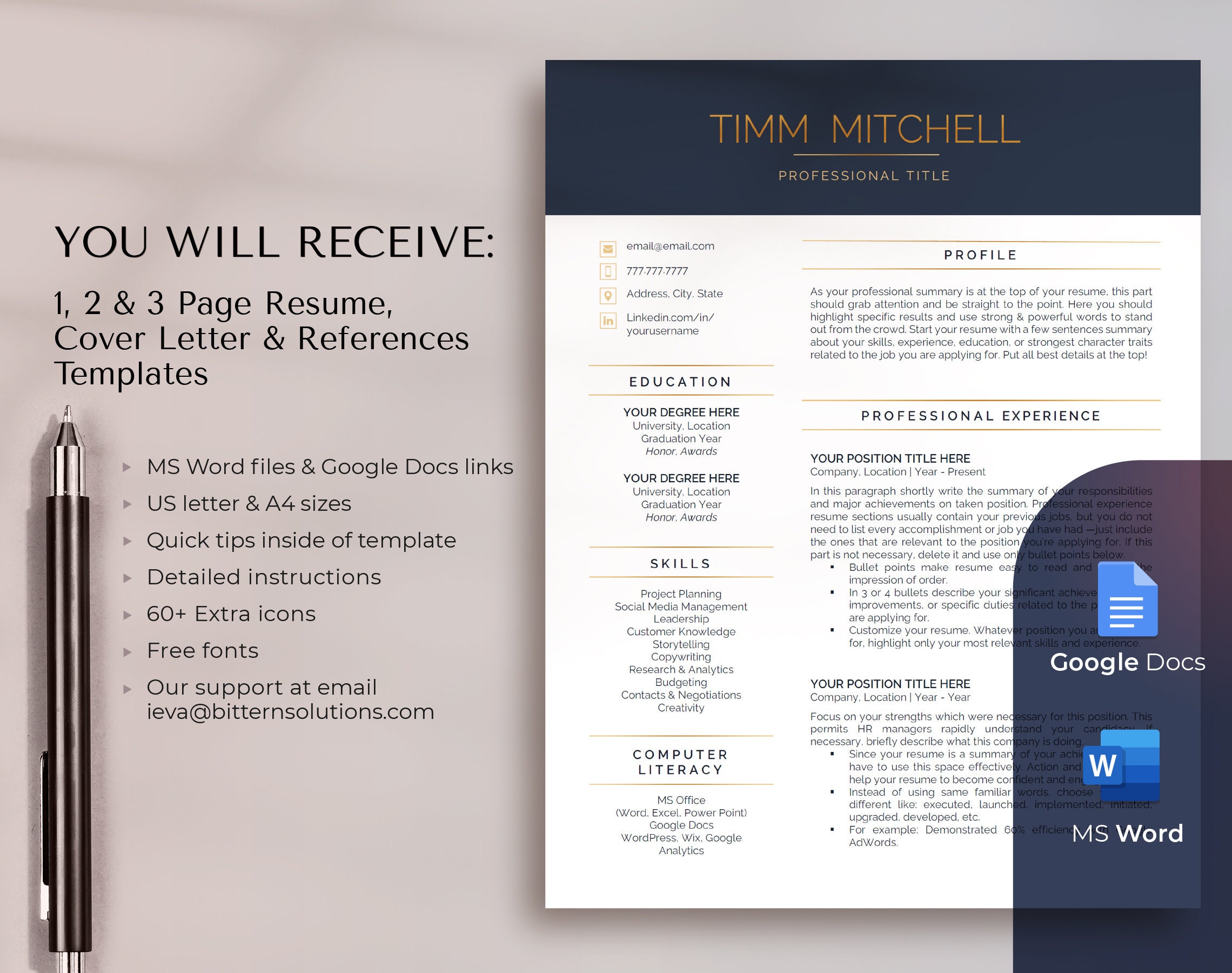 Executive Resume Template for Word, Google Docs, C-level Resume ...
