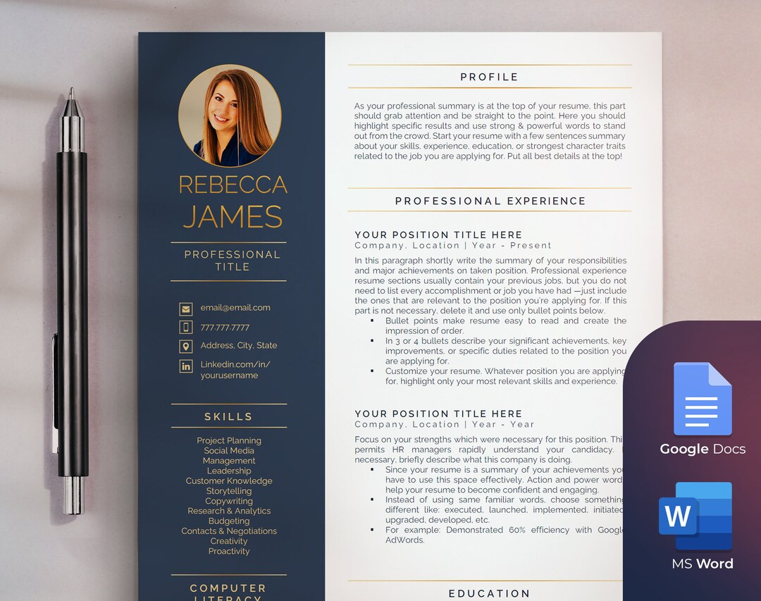 Executive Resume Template for Word, Google Docs, Resume With Photo ...