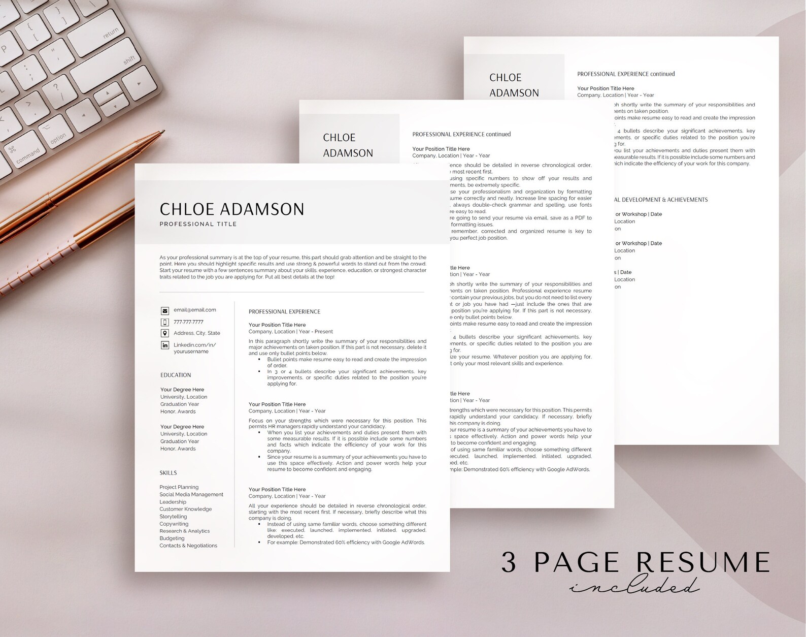 Modern Clean Resume Template for Word & Google Docs, Professional CV ...