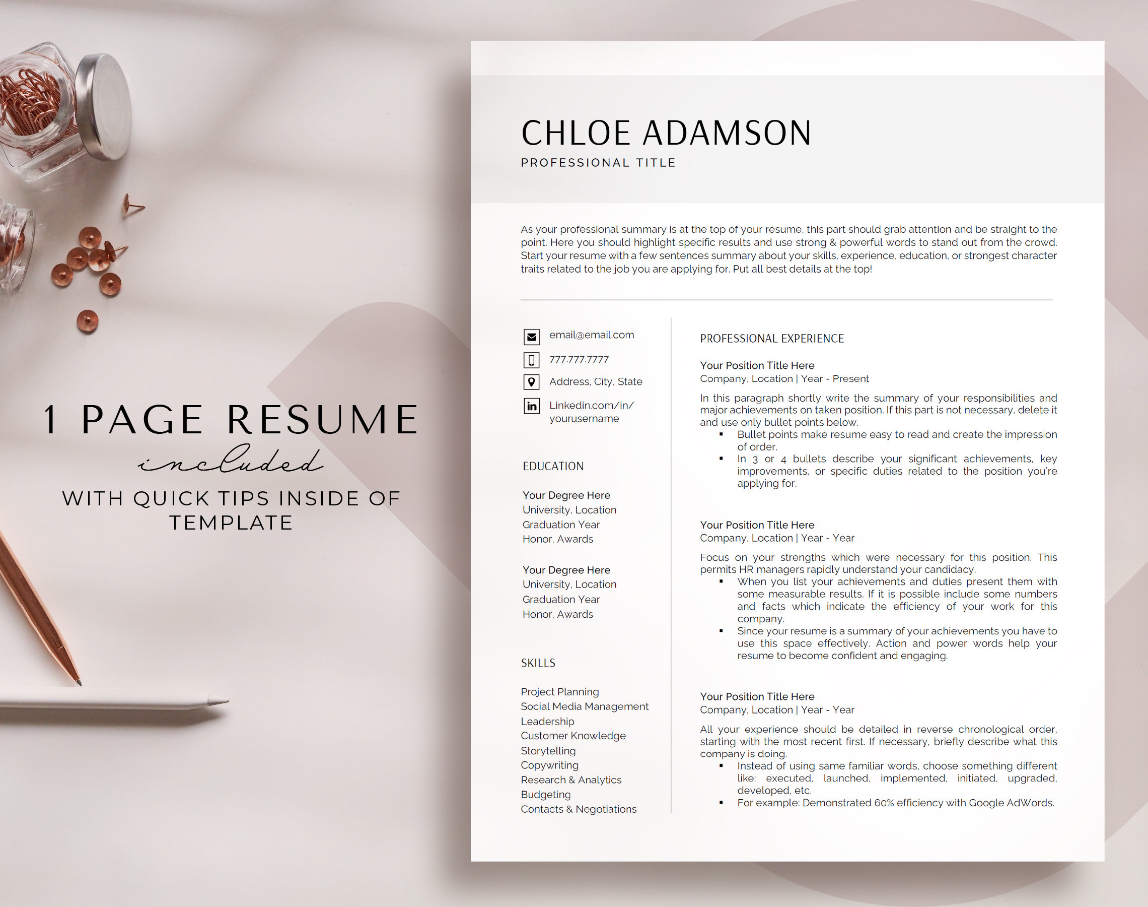 Modern Clean Resume Template for Word & Google Docs, Professional CV ...