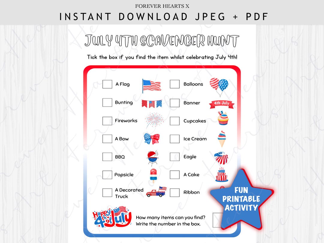 July 4th Scavenger Hunt Printable, Kids Activity, Independence Day ...