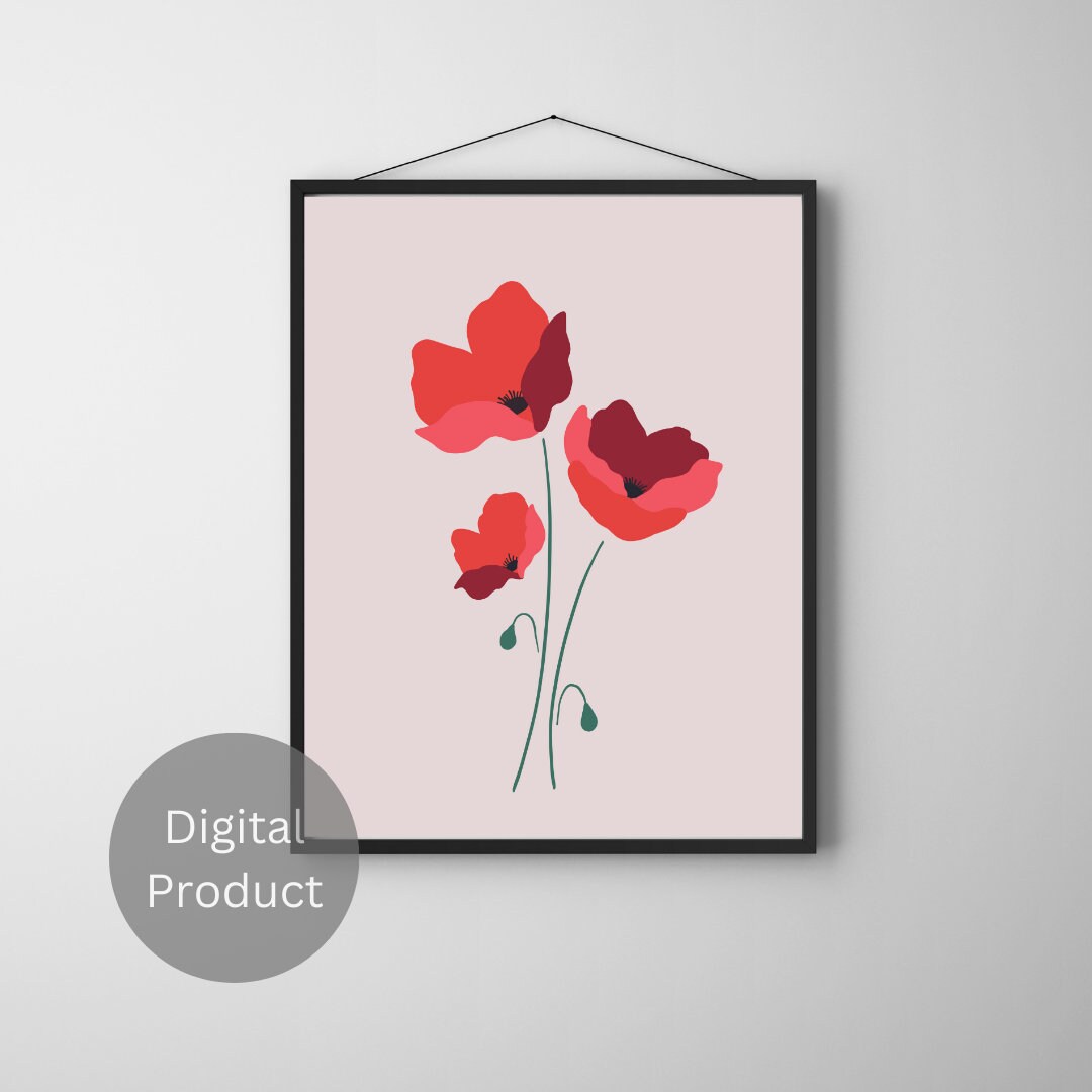 Poppy Flower Wall Art, Poster, Flower Wall Decor, Home Decor, Digital ...