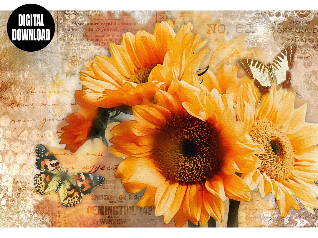 Sunflowers and Butterflies, Sunflowers, Flowers, Collage, Ephemera ...