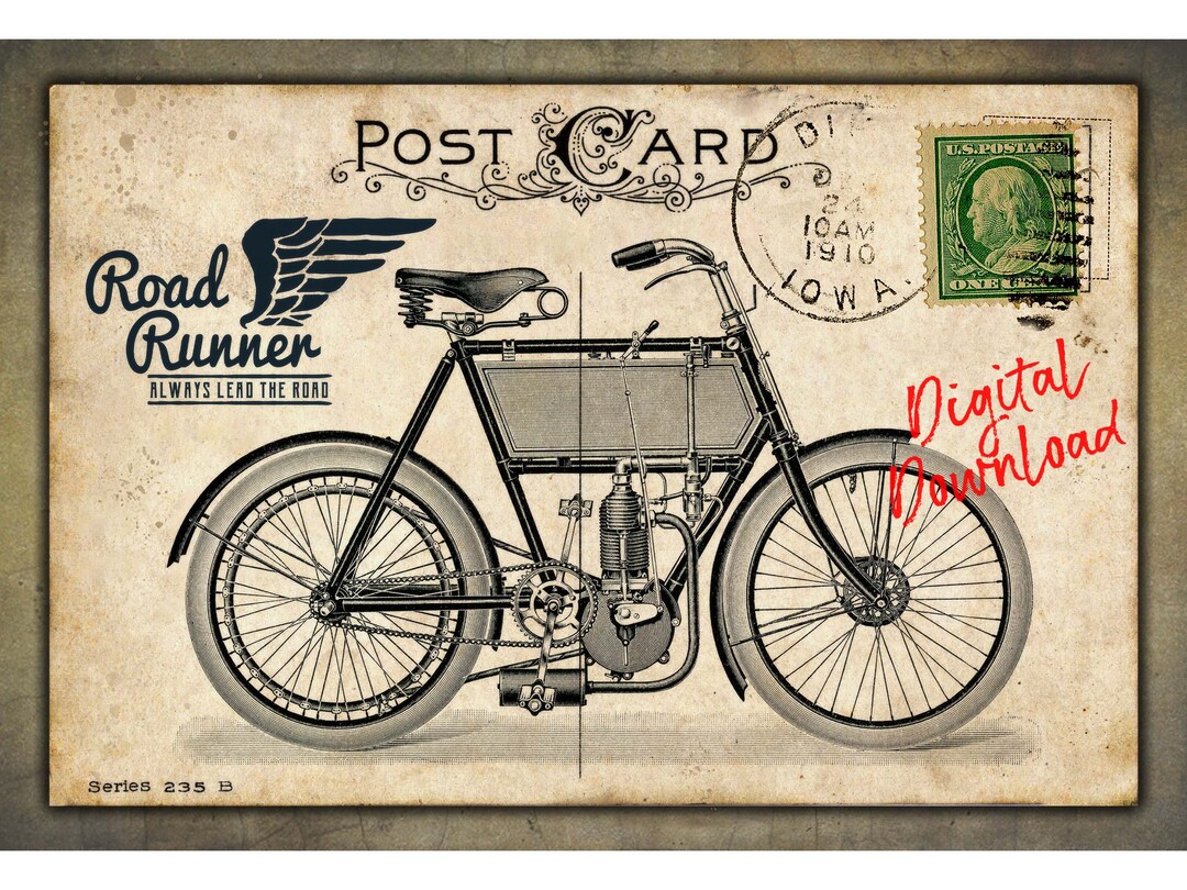 Vintage Motorized Bicycle on Post Card Digital Print, Motorized Bicycle ...