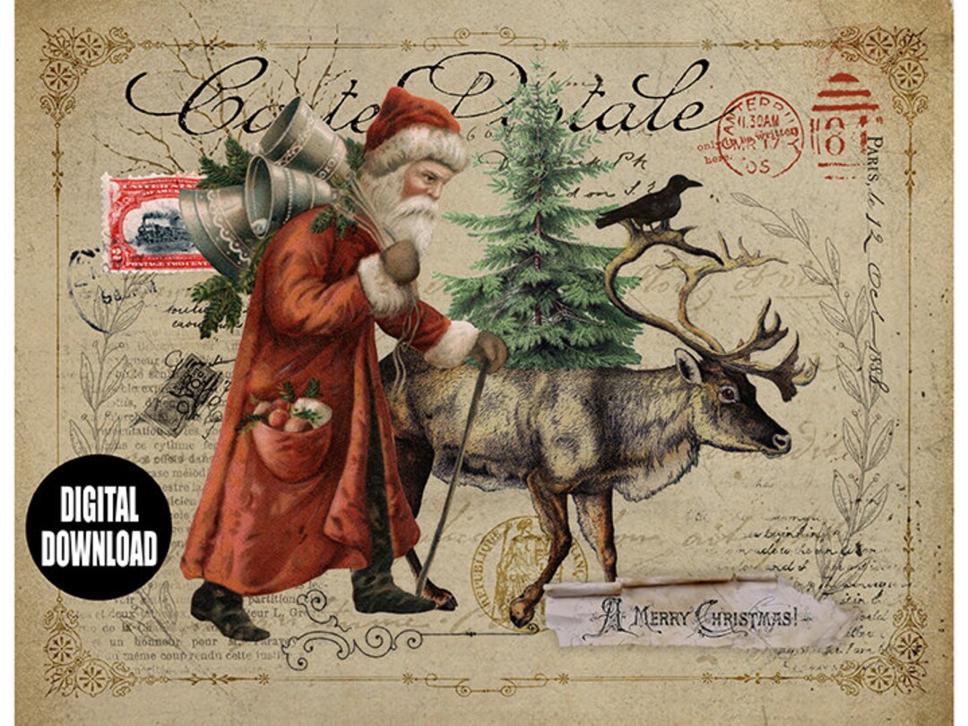 Santa-reindeer Collage Digital Print, Santa, Reindeer, Christmas ...