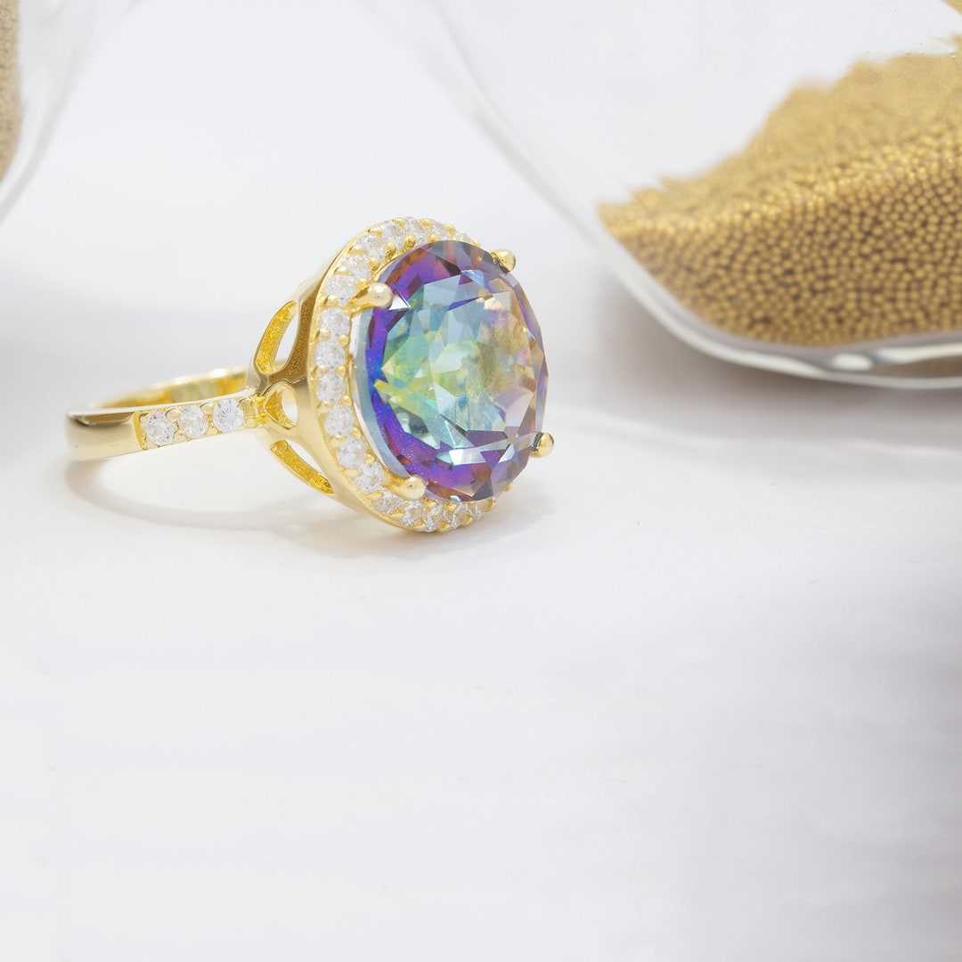 Rainbow Stone Ring, Natural Mystic Quartz, Sterling Silver & Gold ...