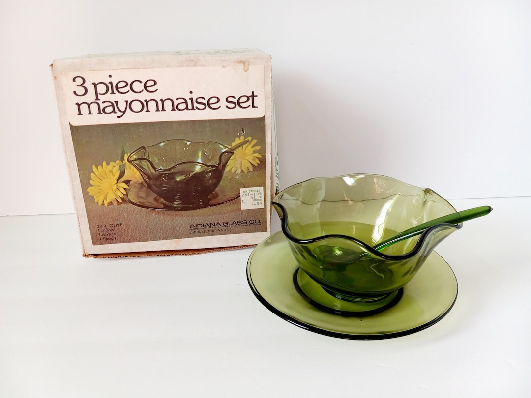 Vintage OLIVE Green 3 Pc Mayonnaise Set With Box Bowl Indiana - Etsy