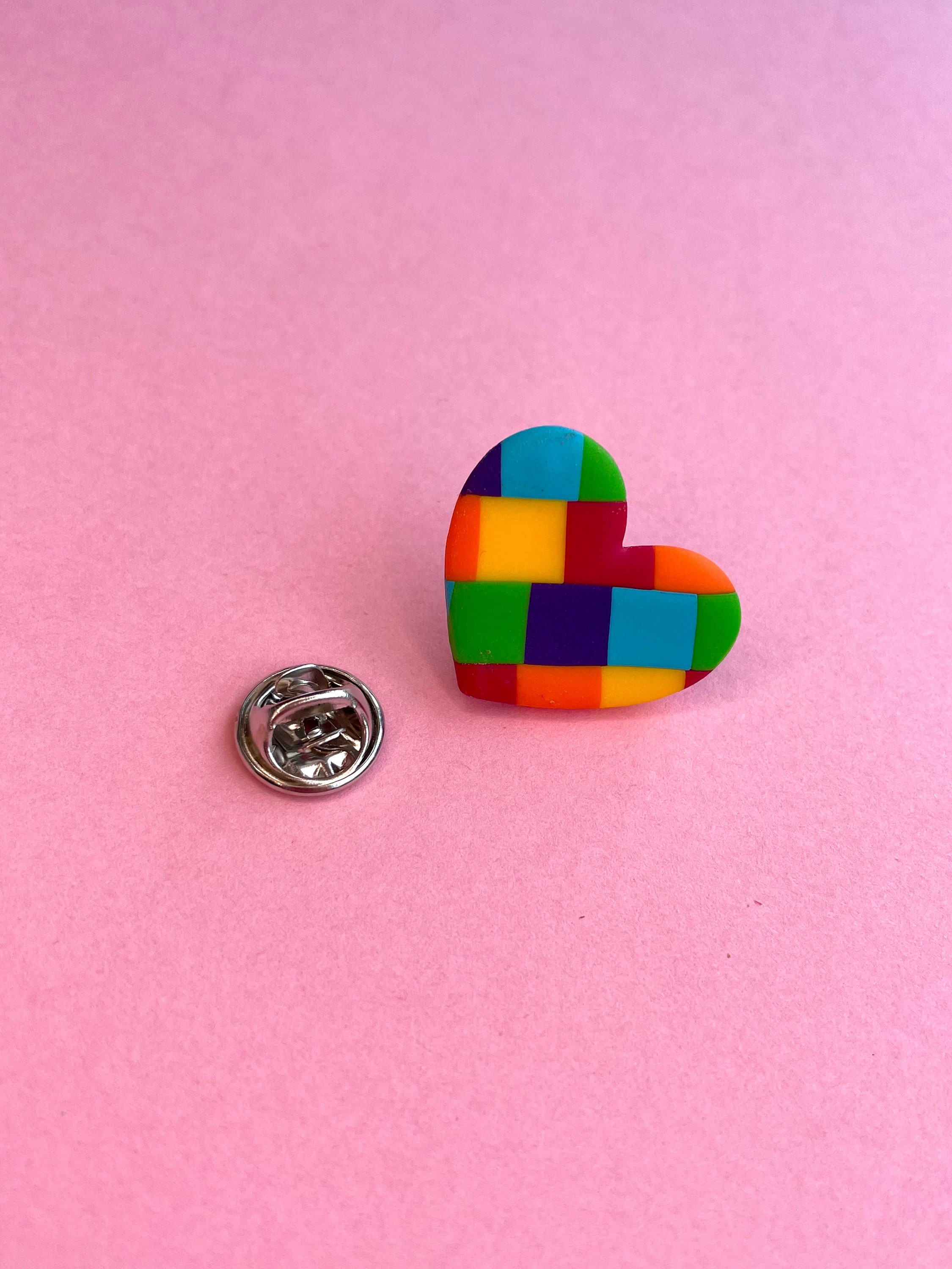 PRIDE Rainbow Checkerboard Heart Pin Polymer Clay Jewellery Colourful ...
