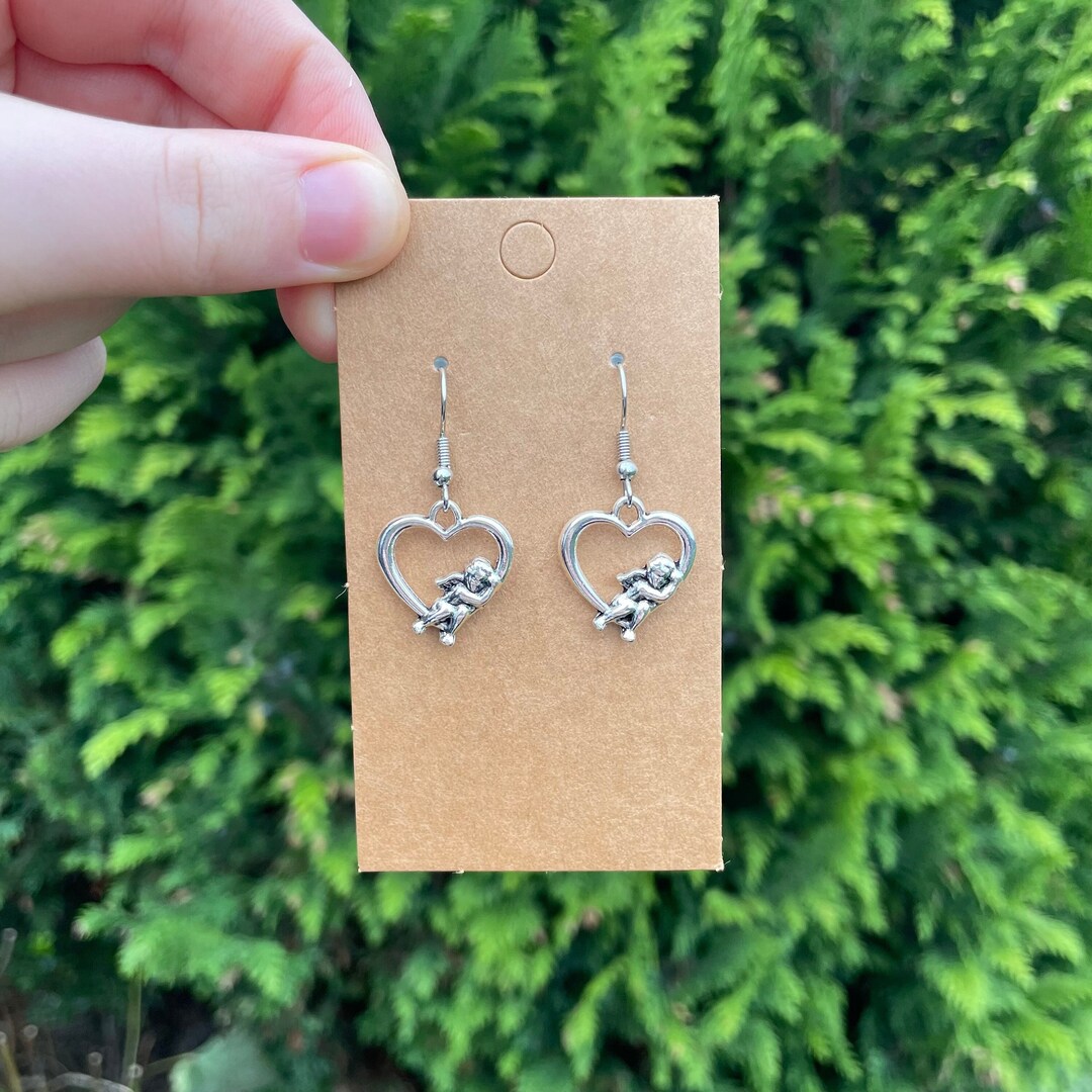 Silver Cupid on Heart Earrings | Cute Dainty Valentine's Day Earrings ...