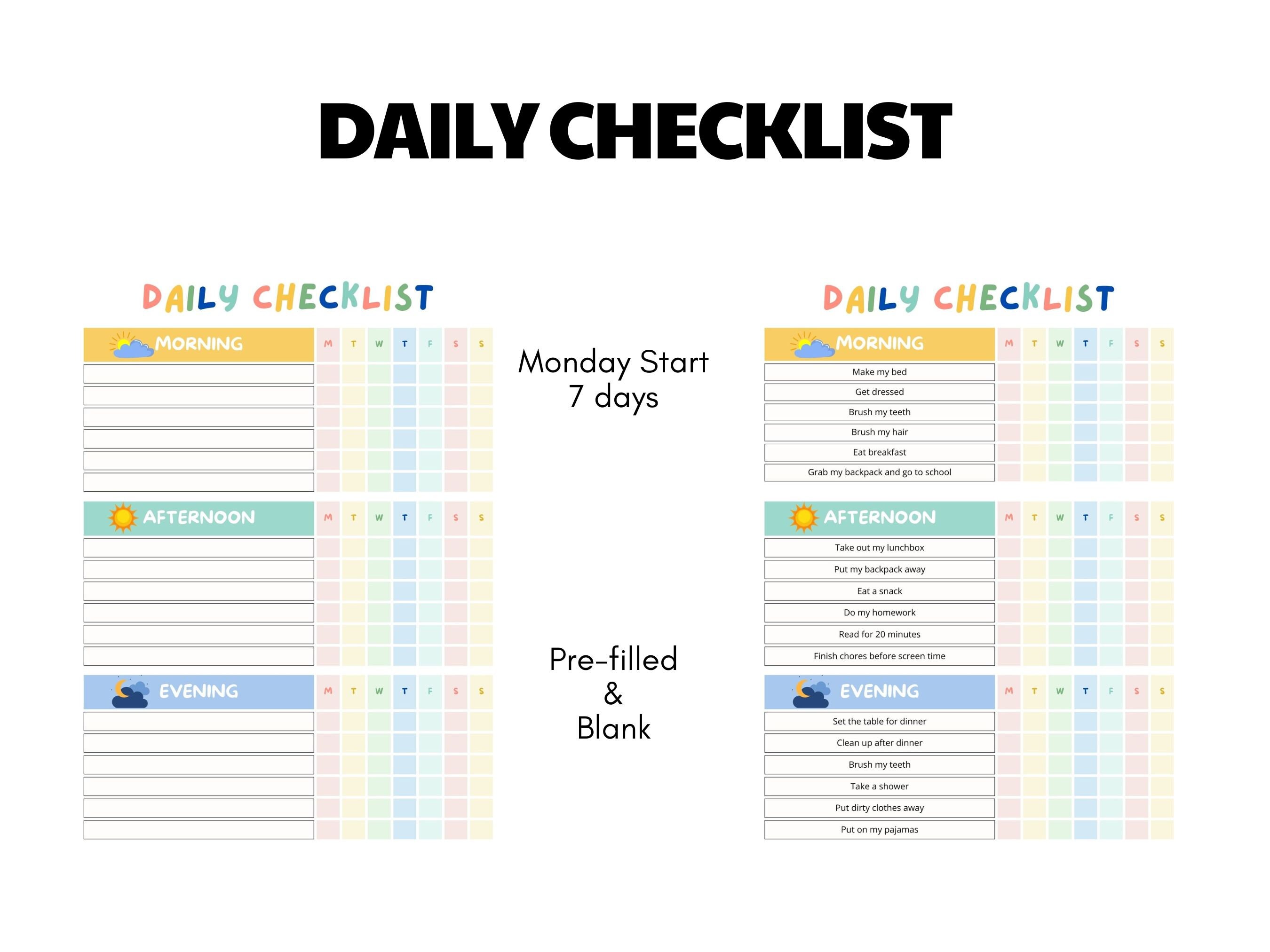 Kids Chore Chart PDF, Weekly and Daily Checklist for Routine Screen ...