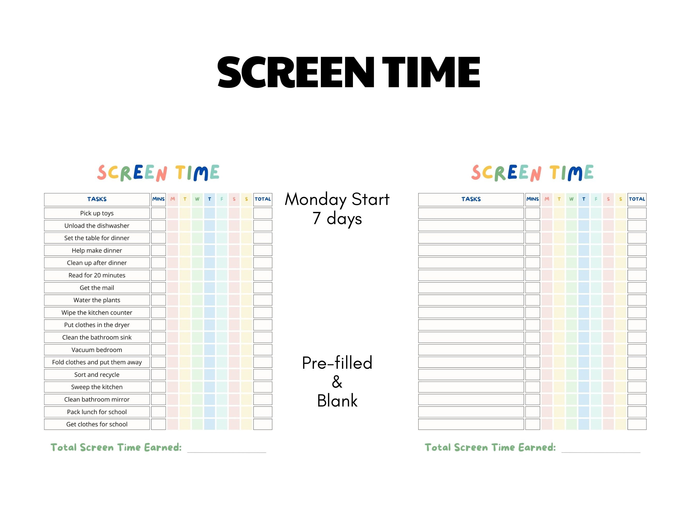 Kids Chore Chart PDF, Weekly and Daily Checklist for Routine Screen ...