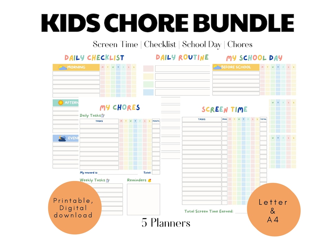 Kids Chore Chart PDF, Weekly and Daily Checklist for Routine Screen ...