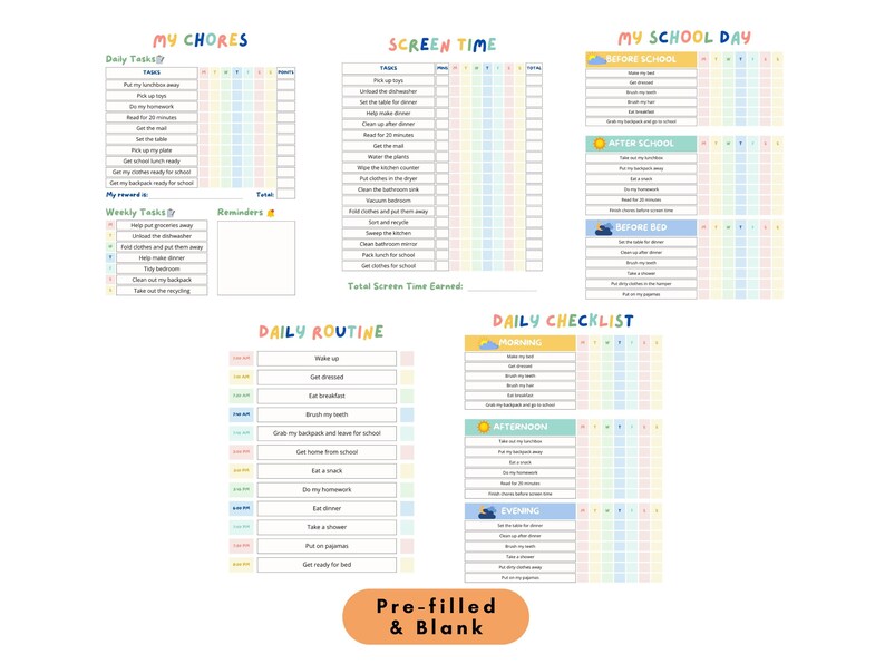 Kids Chore Chart PDF, Weekly and Daily Checklist for Routine Screen ...