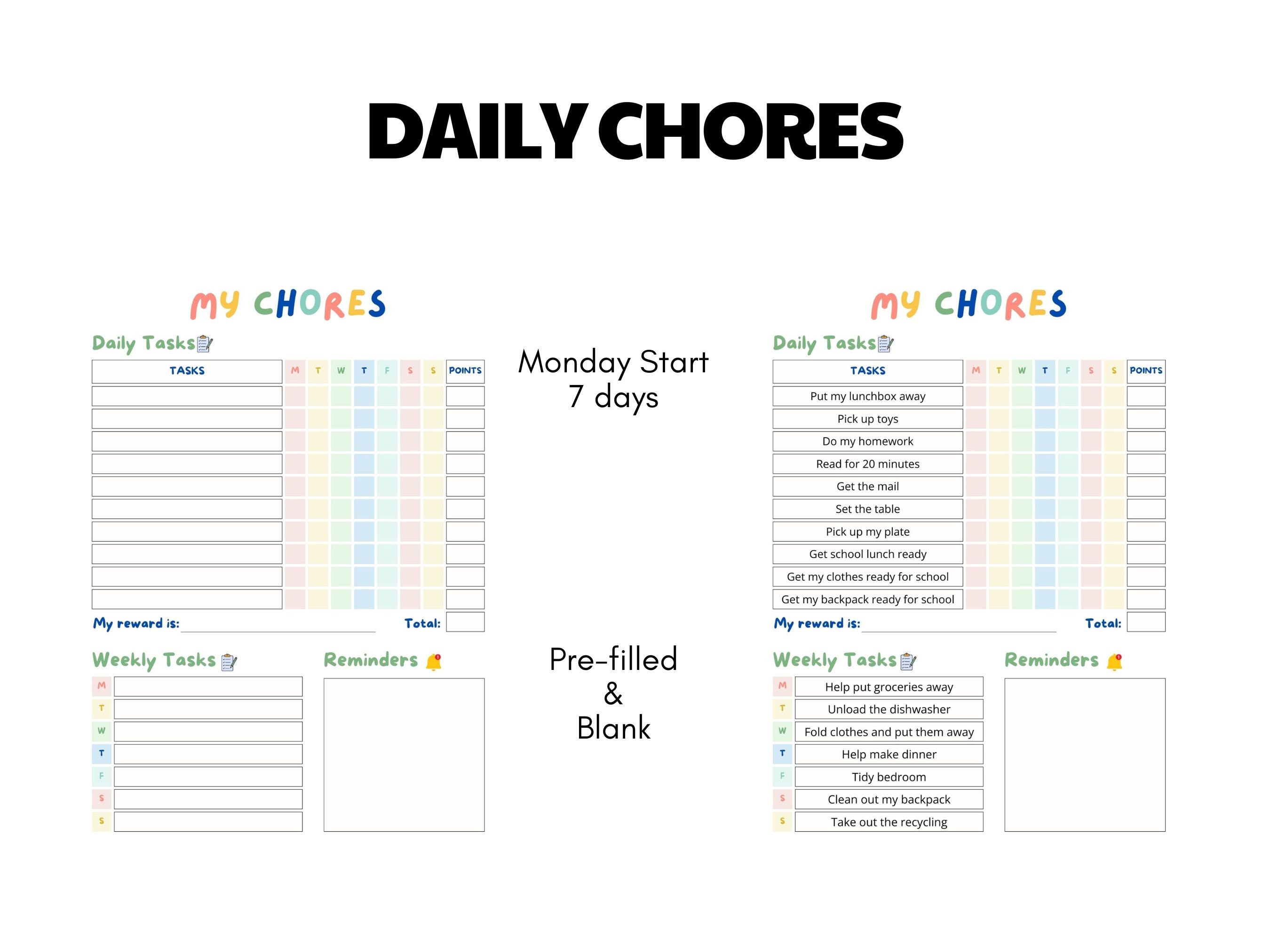 Kids Chore Chart PDF, Weekly and Daily Checklist for Routine Screen ...