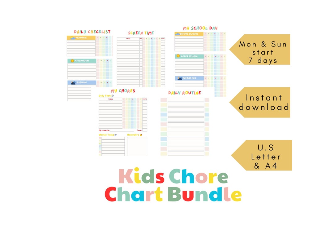 Kids Chore Chart PDF, Weekly and Daily Checklist for Routine Screen ...