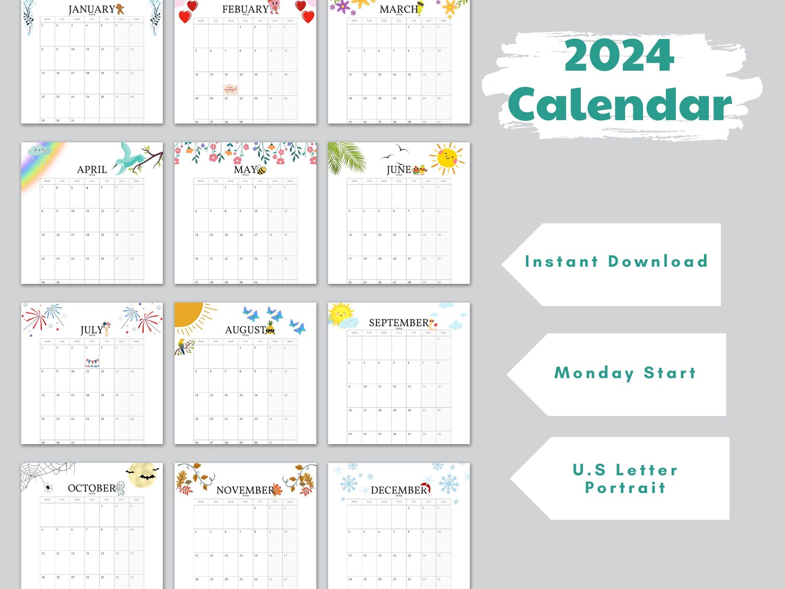 Printable Kids Calendar 2024, Monthly Planner, Fun & Educational ...