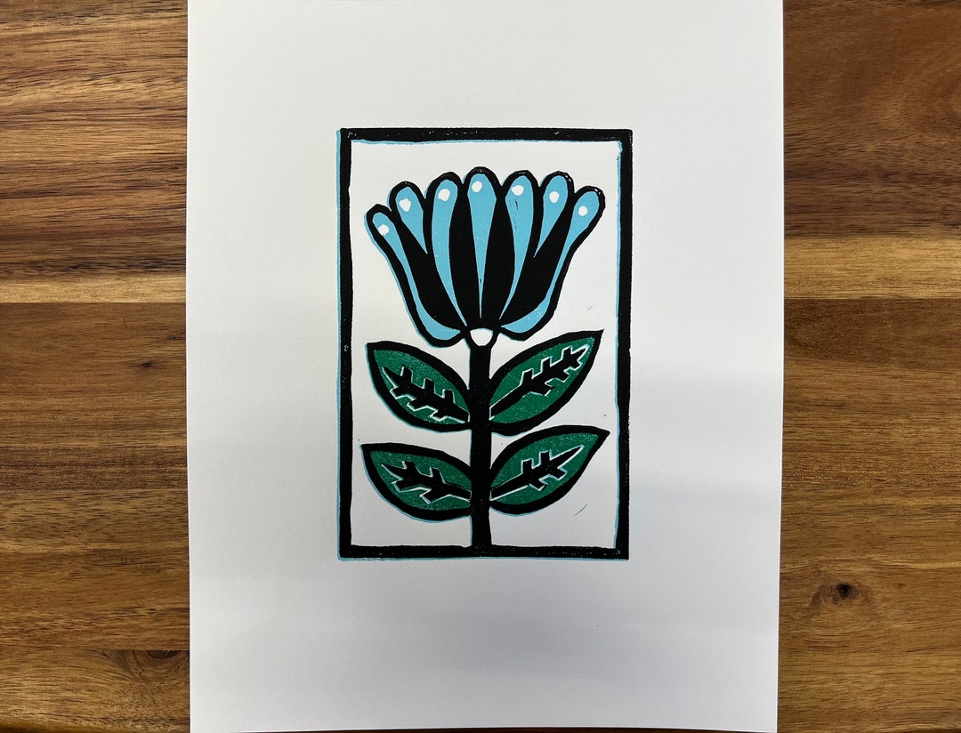 Blue Flower Linocut Print, Nature Lino Print, Spring Wall Decor, Spring ...