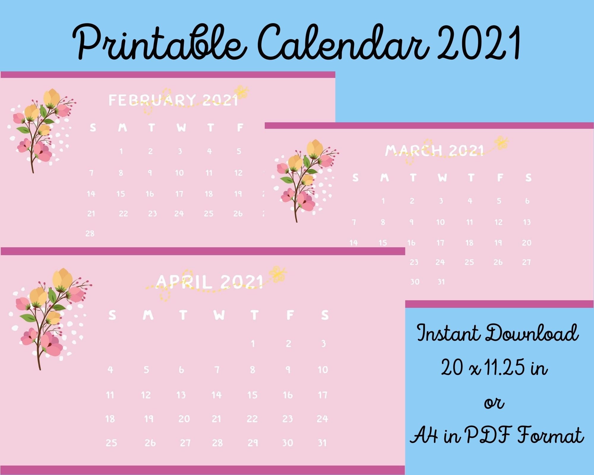 Pink Printable Calendar 2021, Instant Download - Etsy
