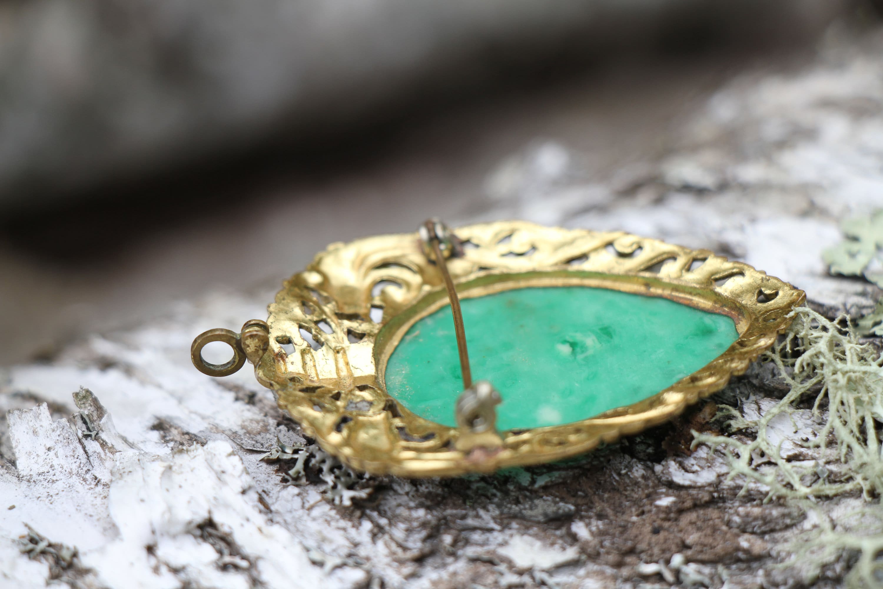 Jade Colored Celluloid With Brass Pin/pendant Dragon Phoenix Butterfly ...