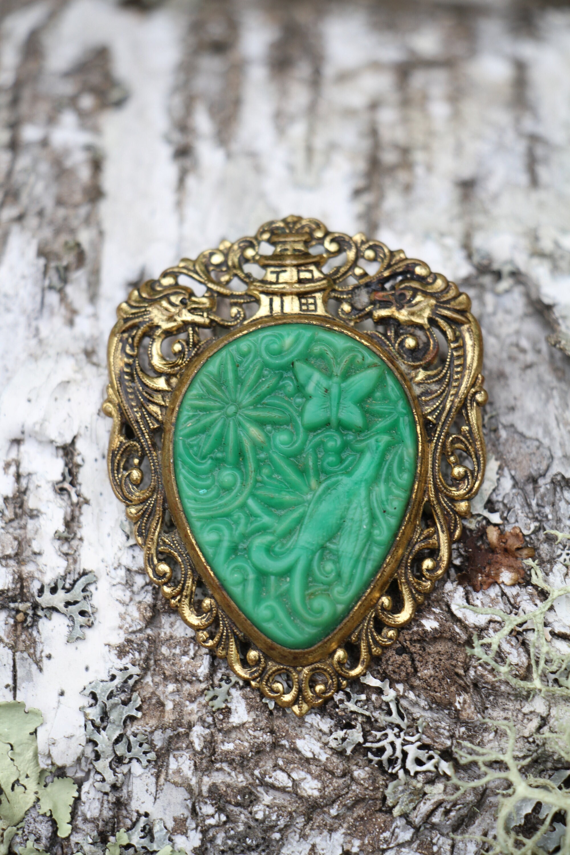 Jade Colored Celluloid With Brass Pin/pendant Dragon Phoenix Butterfly ...
