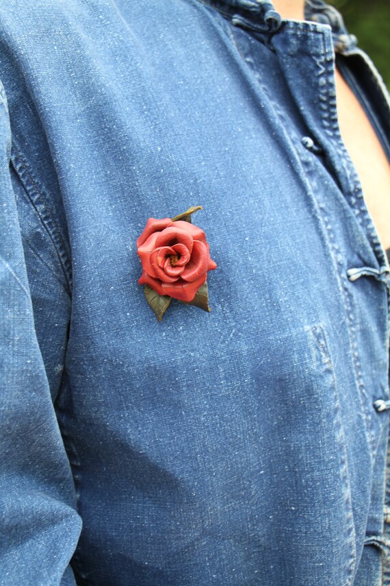Leather Red Rose Pin - Vintage 1980's - Gem