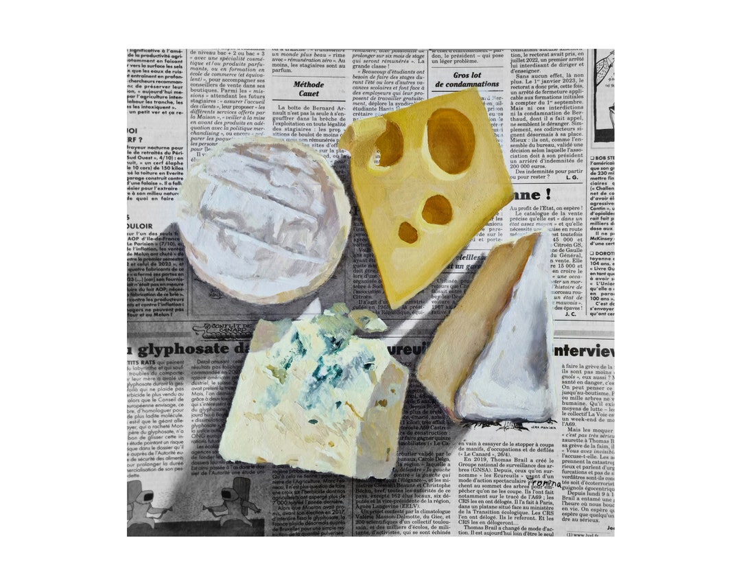 Cheese Painting on Newspaper, Food Painting, Four Types of Cheese ...