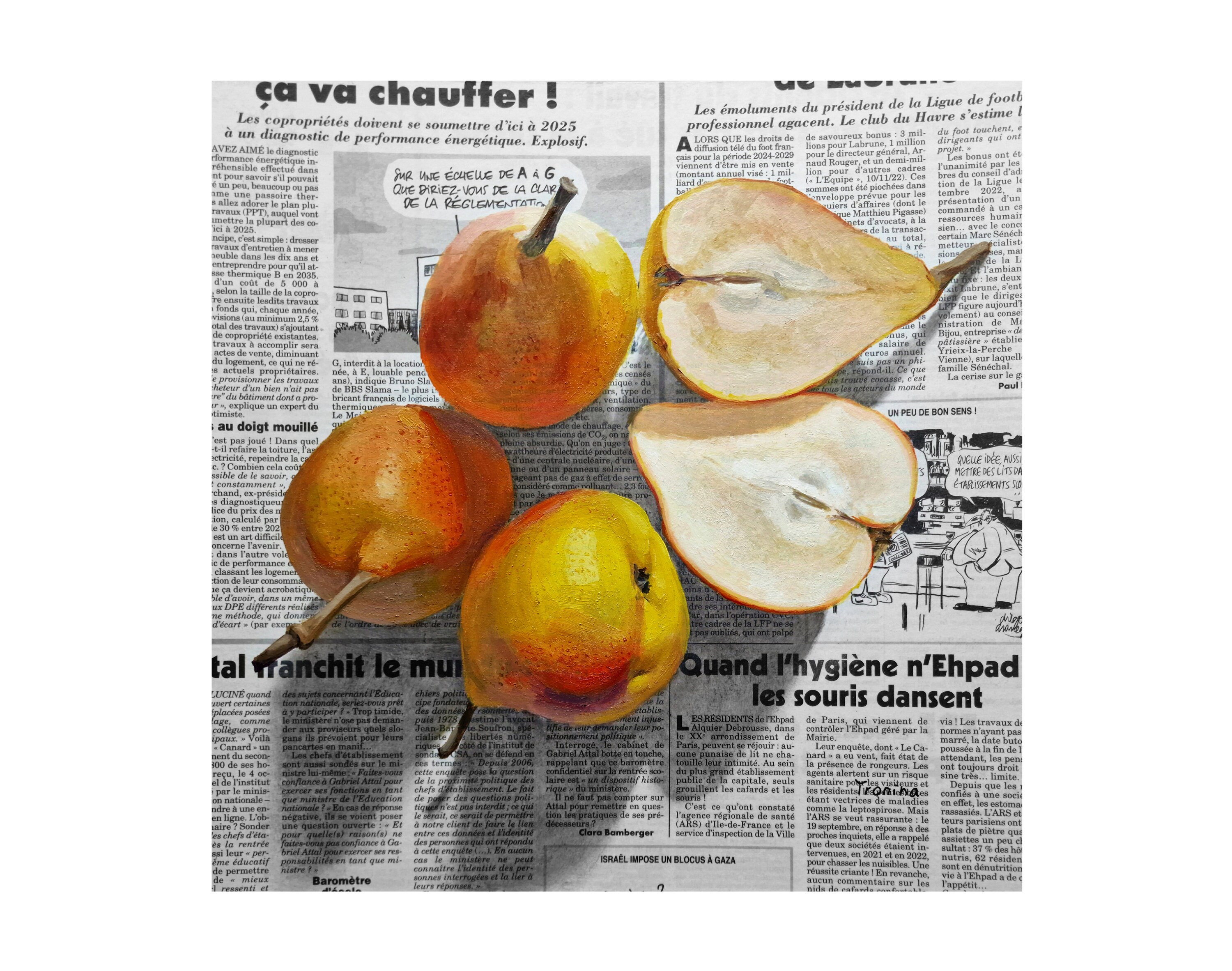 Pears Painting on Newspaper Fruits Original Art, Fruits Still Life ...