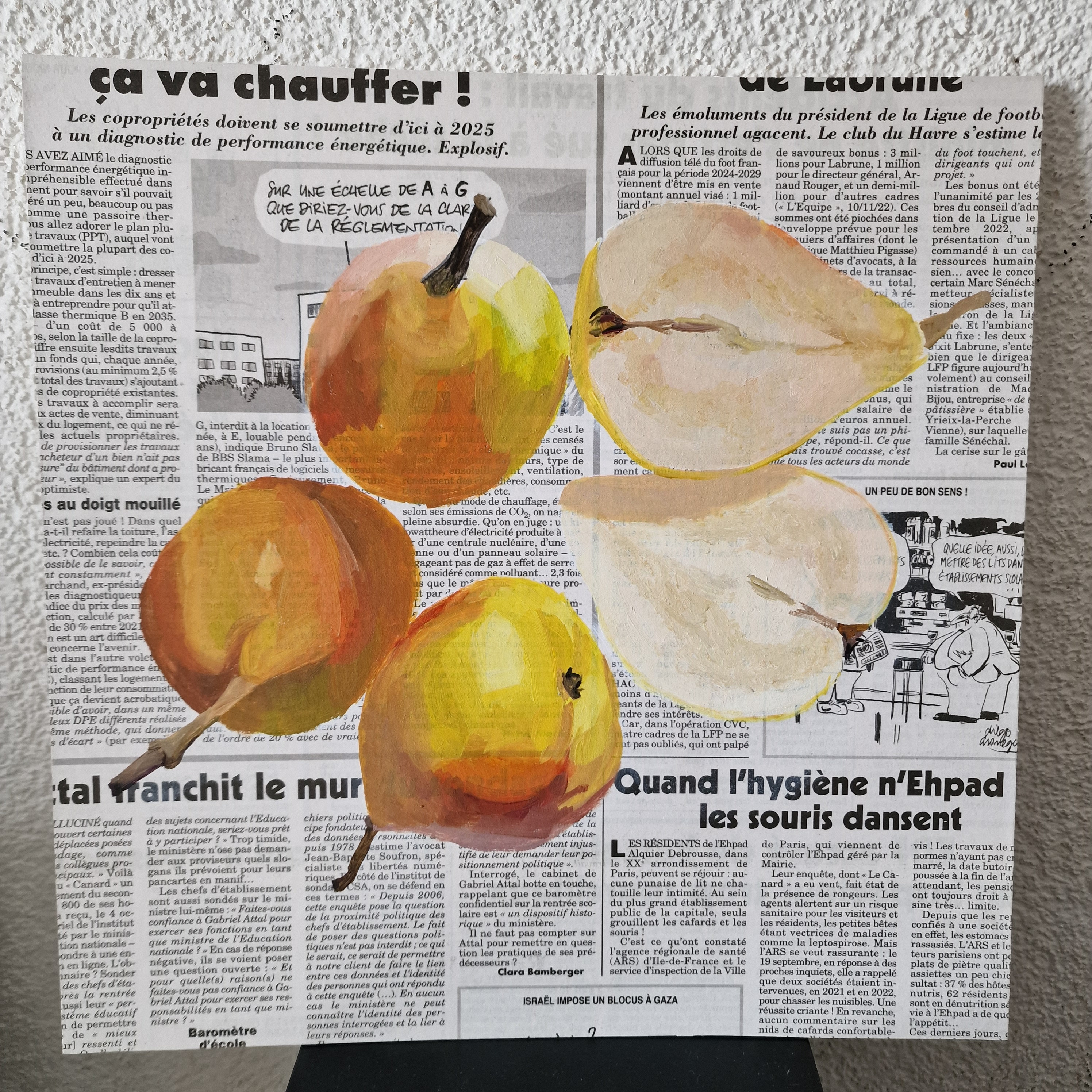 Pears Painting on Newspaper Fruits Original Art, Fruits Still Life ...