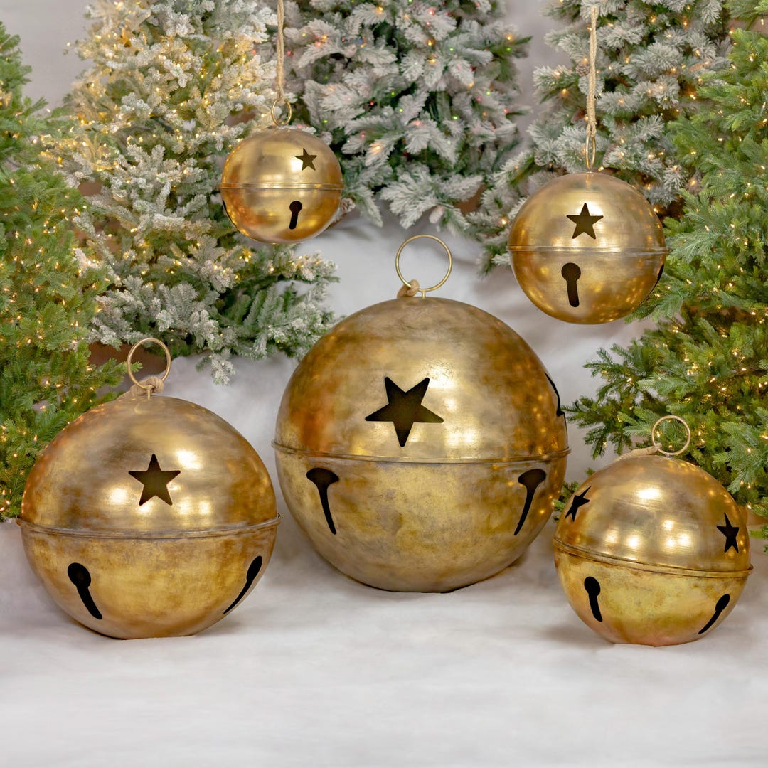 Set of 5 Oversized Hanging Sleigh Bells With Star Cutouts in Assorted ...