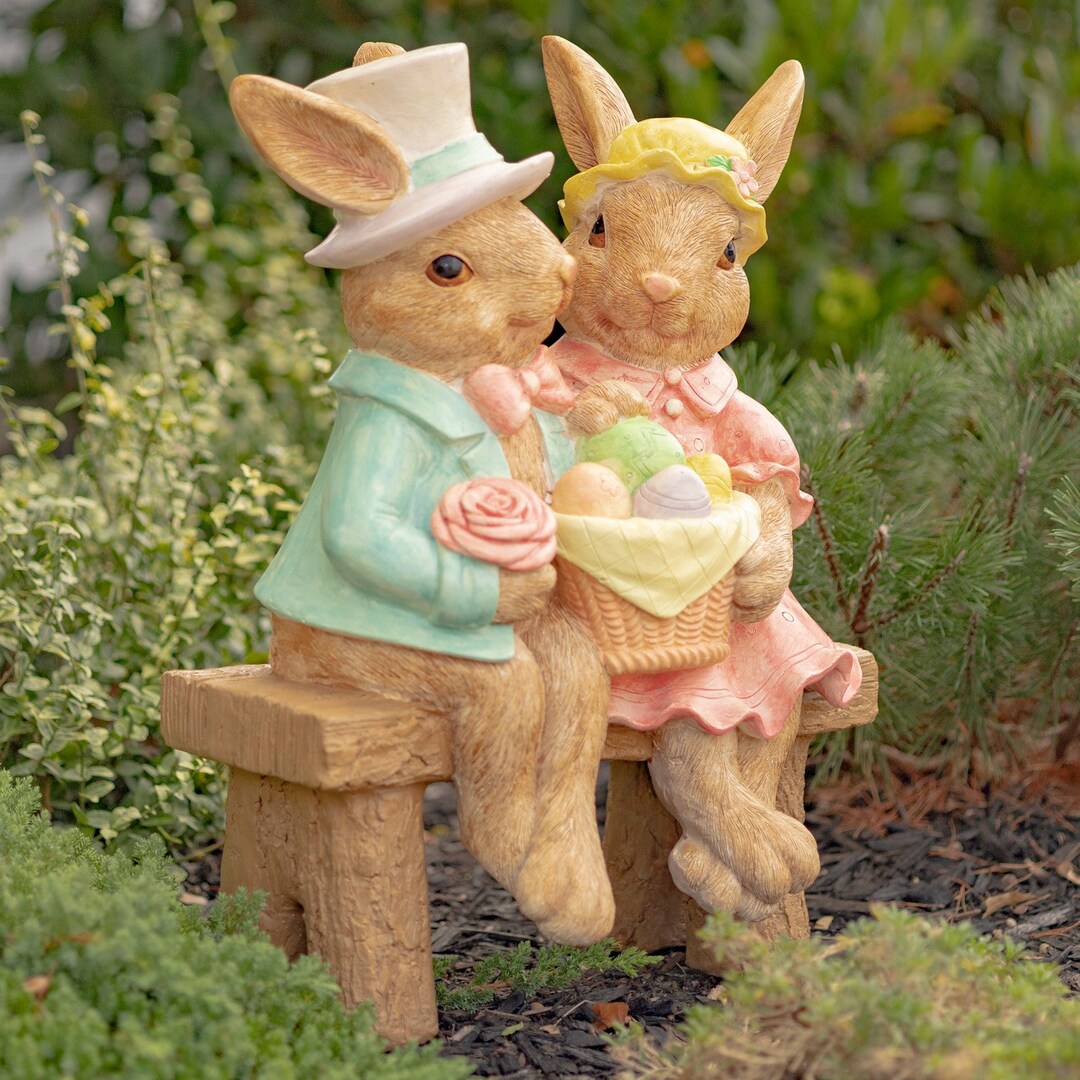 22 Tall Fancy Rabbit Couple Sitting on Bench Magnesium Garden Statue - Etsy