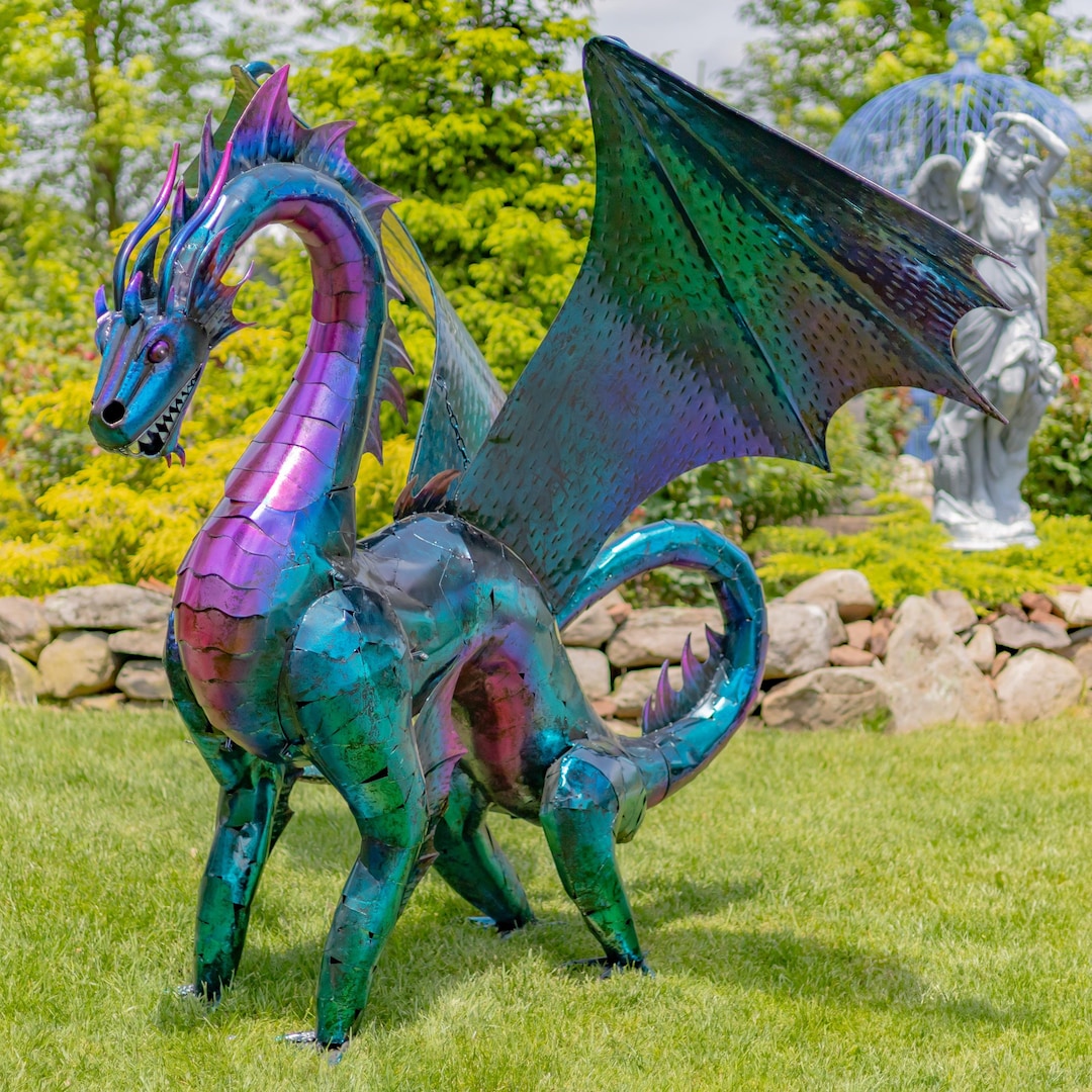 6ft. Tall Large Metal Dragon Statue With Oil-slick Finish "fiery Falkor ...