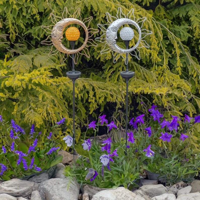 Set of 2 Dual Sun and Moon Solar Spinning LED Garden Stakes in Gold and ...