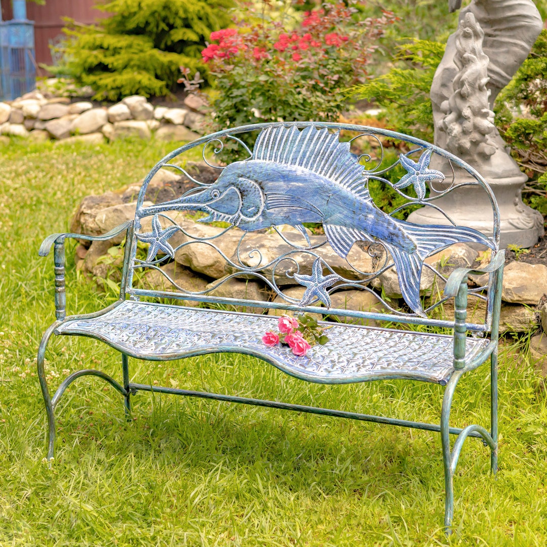 Coastal Blue Swordfish Garden Iron Bench With Curved Seat - Etsy
