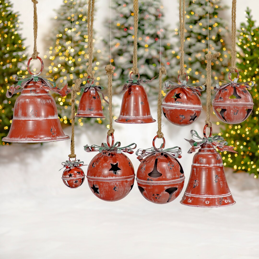 Set of 9 Assorted Antique Red Oversized Hanging Metal Christmas Bells ...