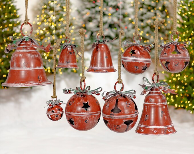 Set of 9 Assorted Antique Red Oversized Hanging Metal Christmas Bells ...