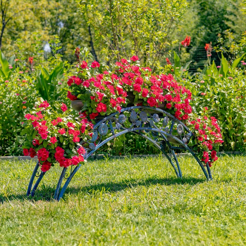 5ft Iron Bridge Plant Stand W/ 5 Planters — Antique White, Blue, or ...