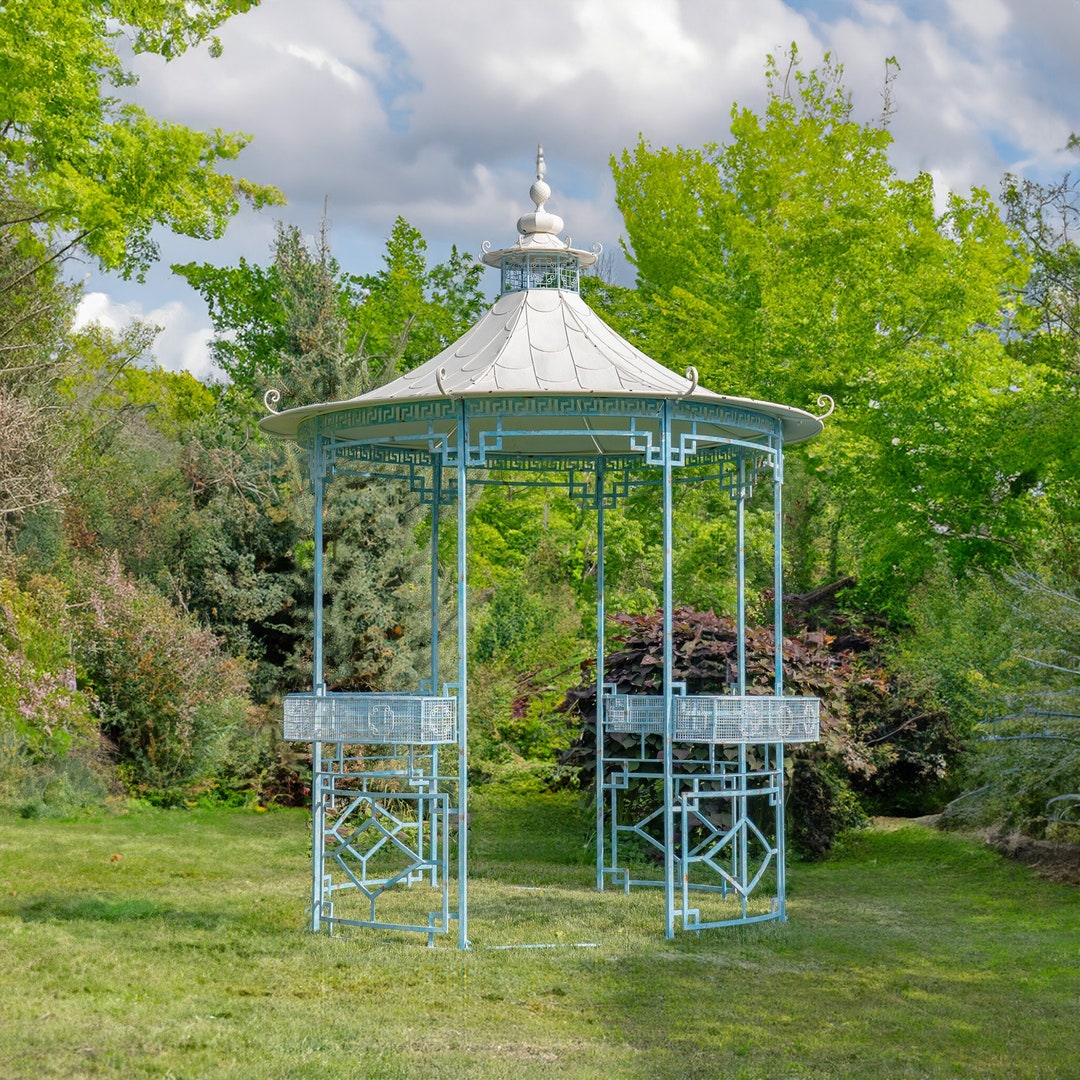 11.6ft. Tall Opulent Round Metal Gazebo With Side Walls & Planters in ...