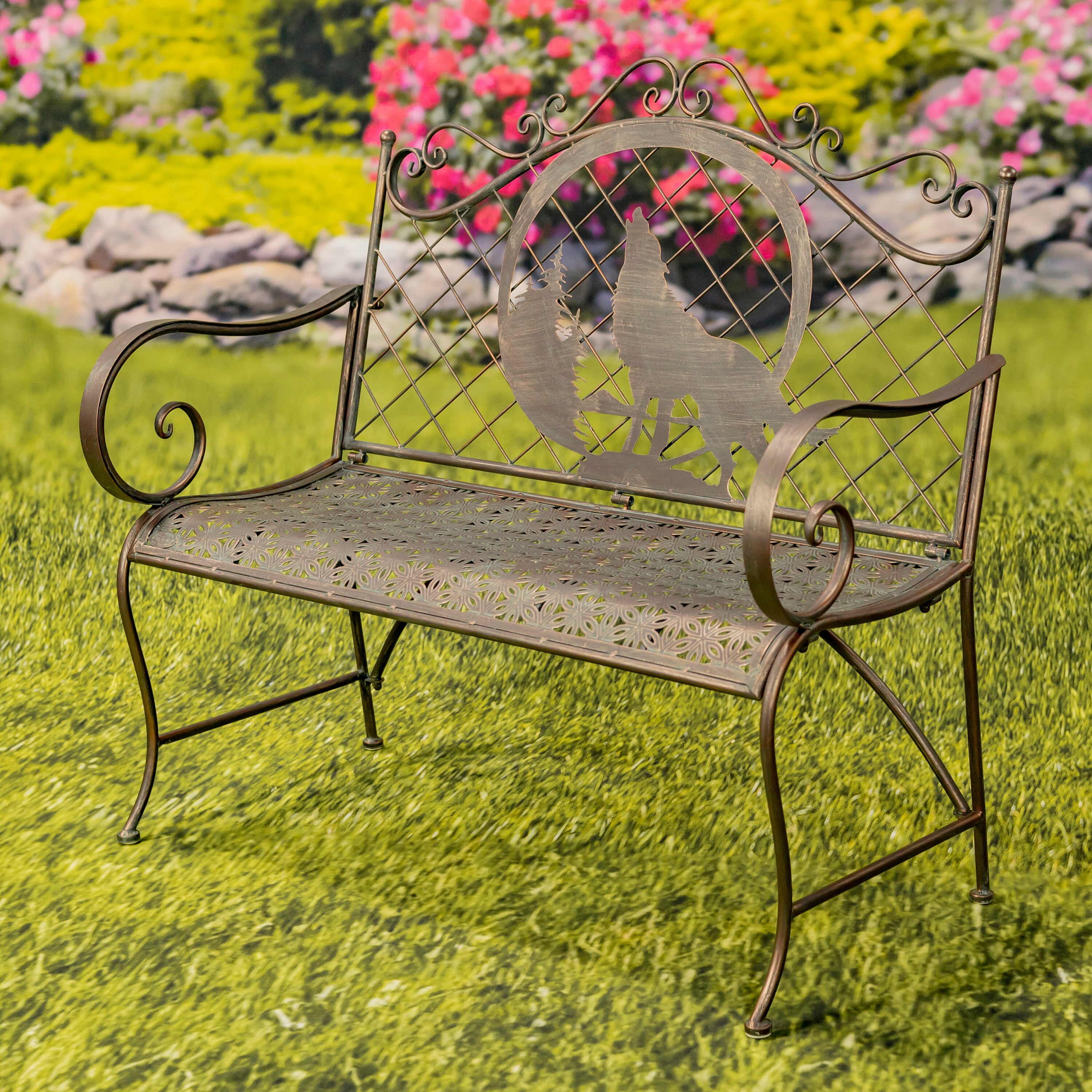 Classic Iron Garden Bench With Howling Wolf and Moon Silhouette ...