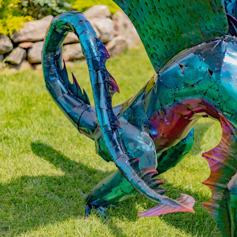 6ft. Tall Large Metal Dragon Statue With Oil-slick Finish "fiery Falkor ...