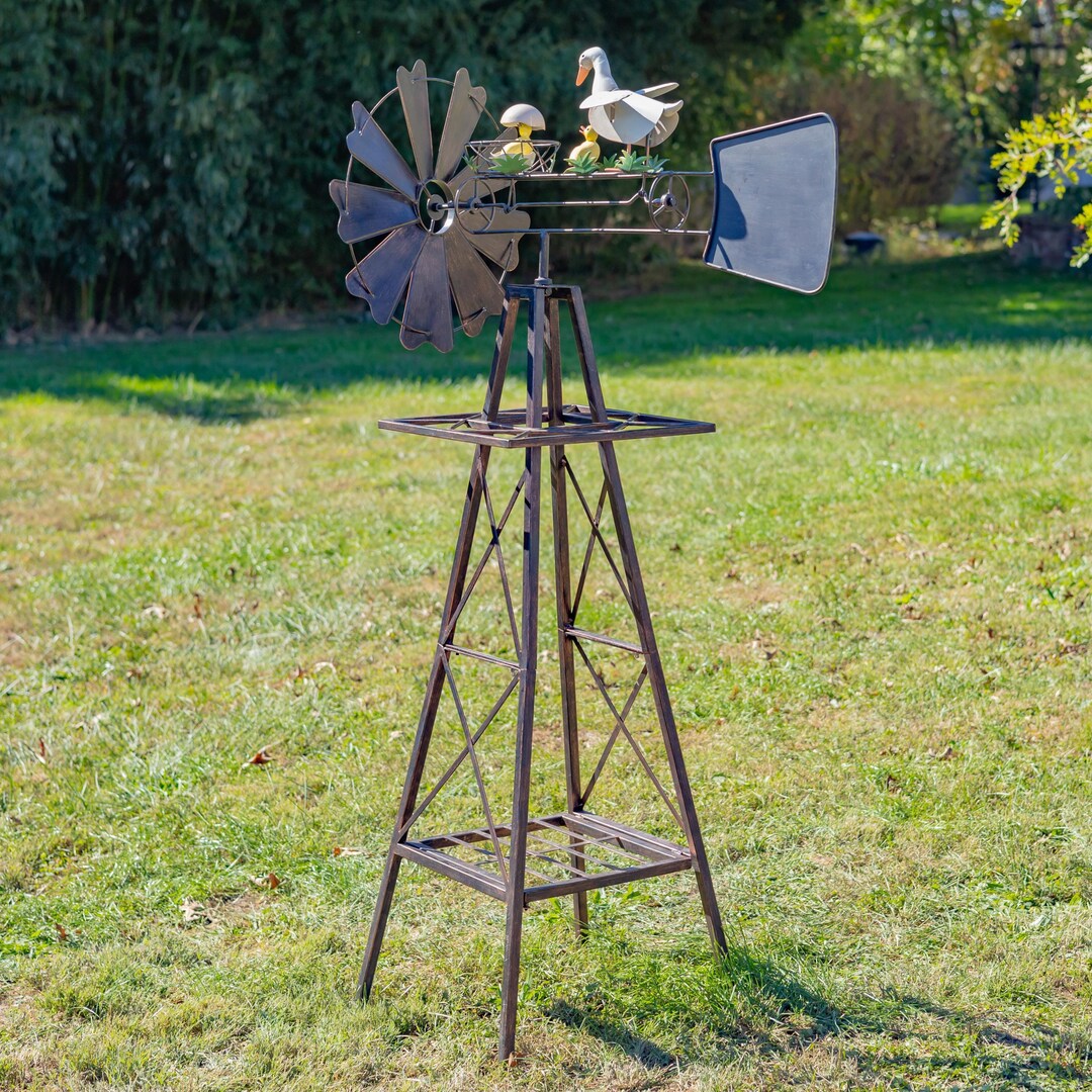 59.8" Tall Iron Windmill With Mother Duck & Hatchlings on Weather Vane ...