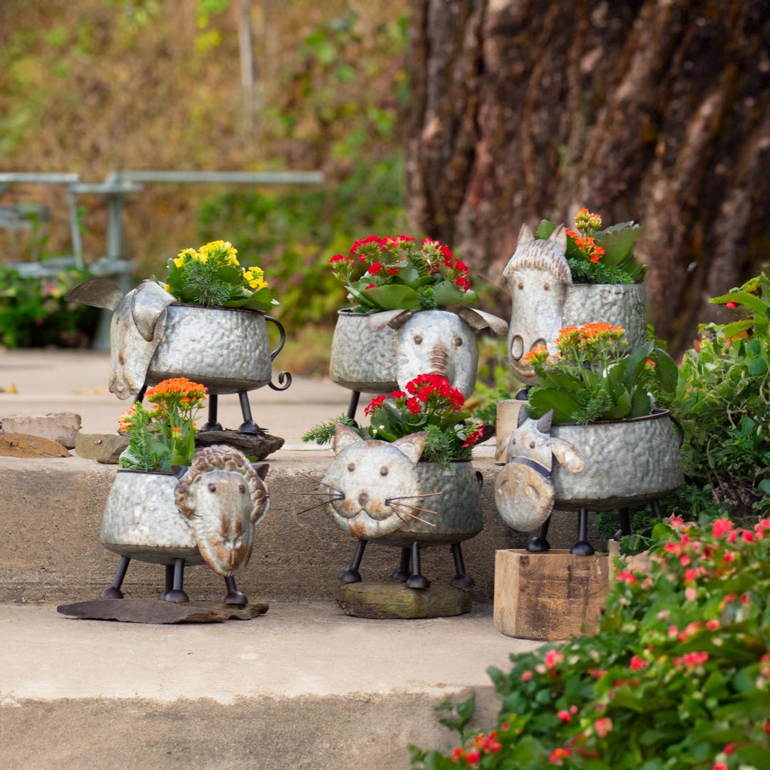 6 Assorted Galvanized Farm Animal Planters: Cat, Cow, Dog, Horse, Pig ...
