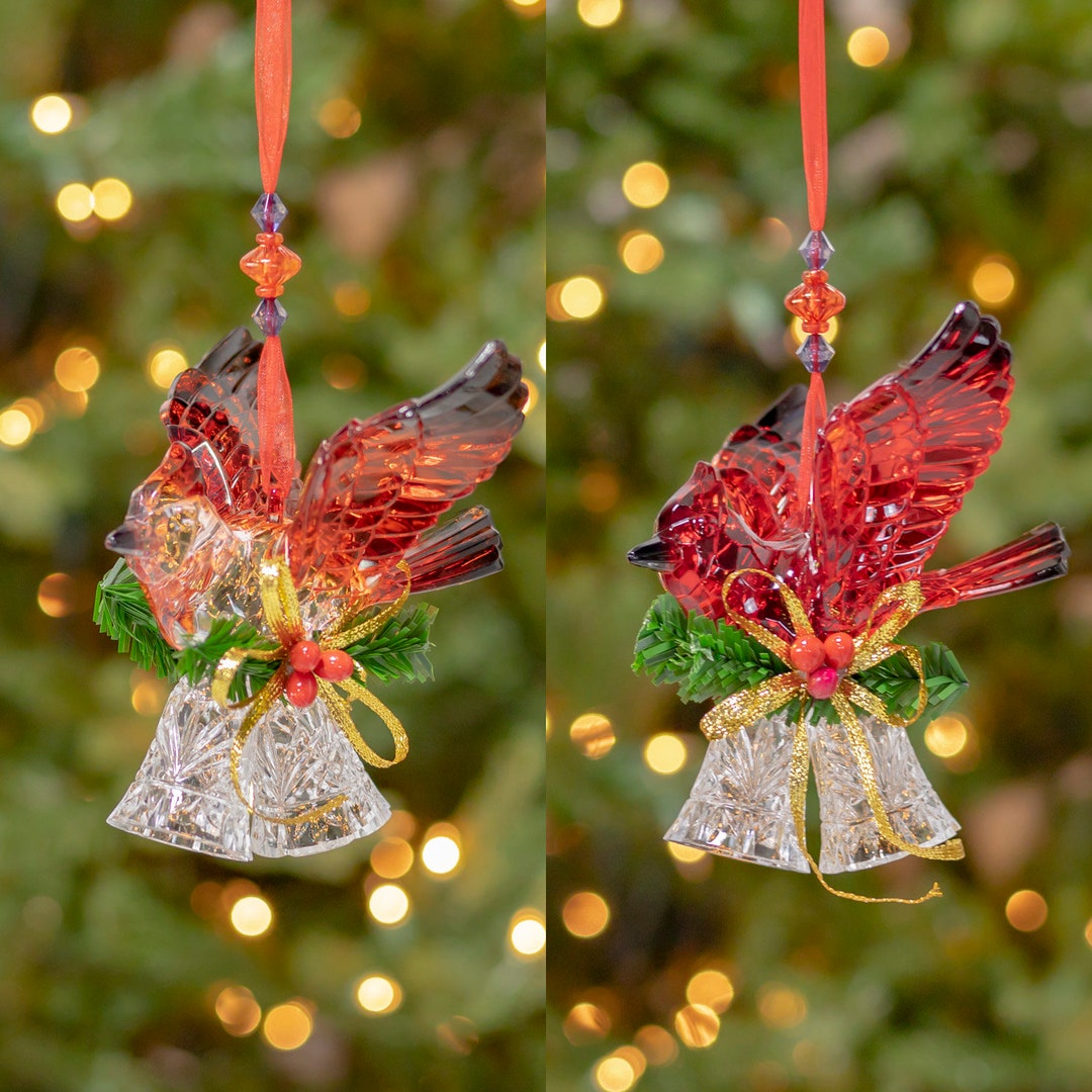 Set of 2 6.4″ Long Acrylic Red Cardinal Ornaments With Bell and Organza ...