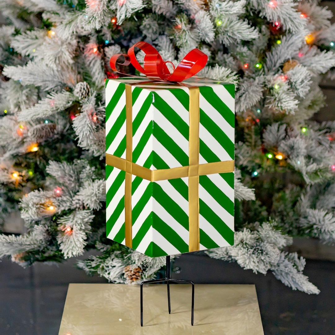 37" Tall Green & White Striped Gift Box With Red Bow Iron Christmas ...
