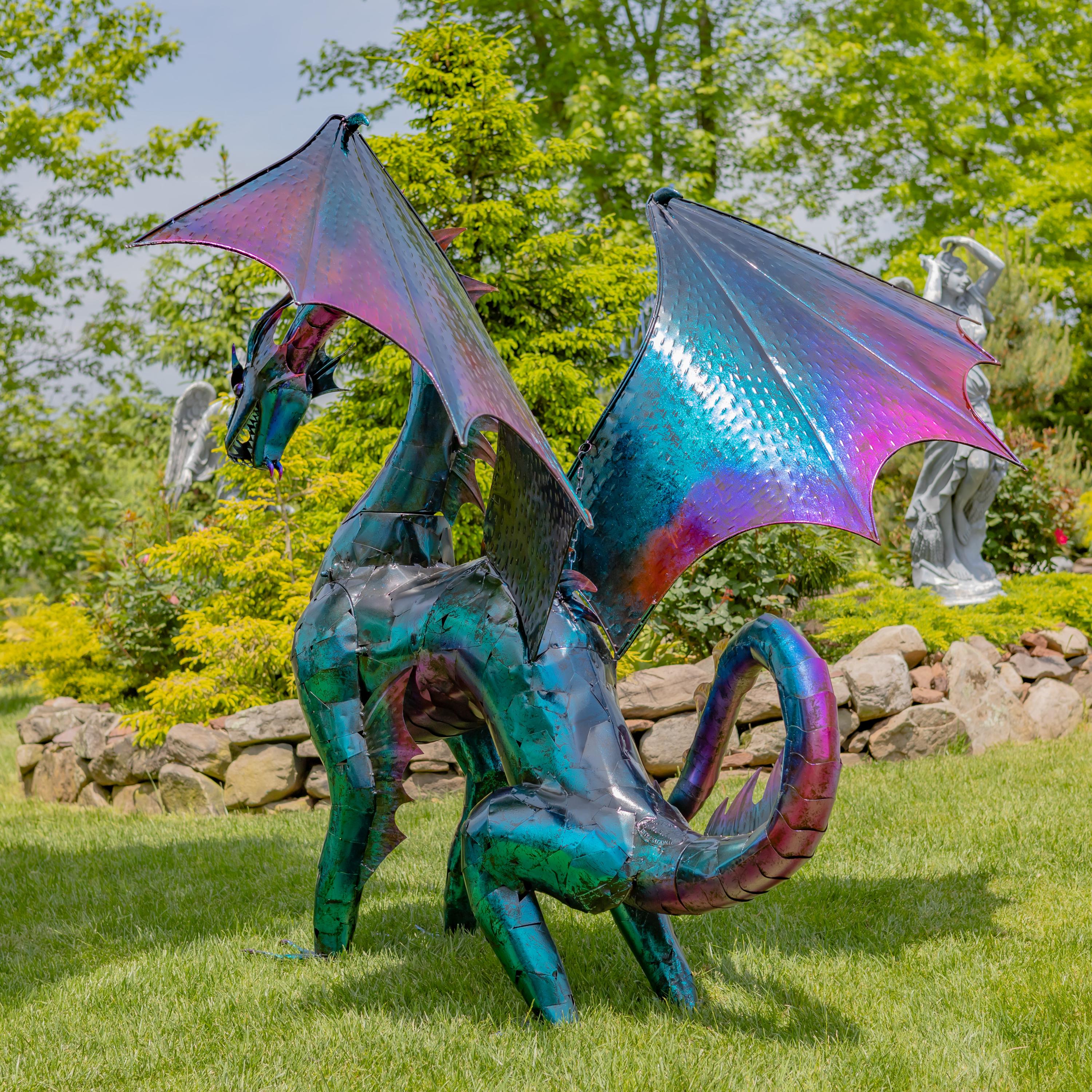 6ft. Tall Large Metal Dragon Statue With Oil-slick Finish "fiery Falkor ...