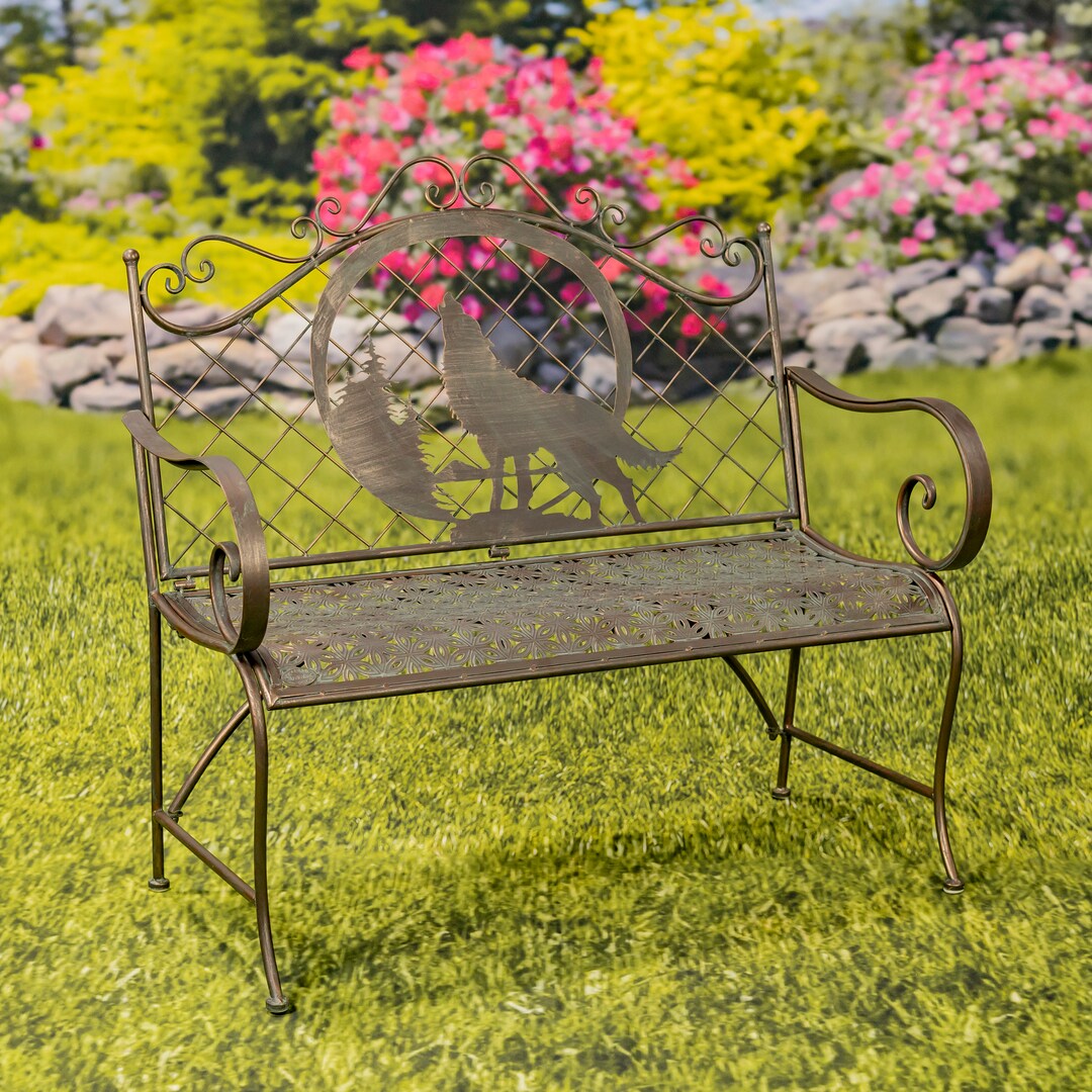 Classic Iron Garden Bench With Howling Wolf and Moon Silhouette ...