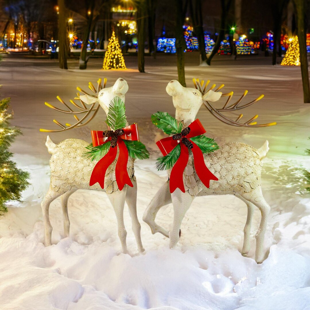 Set of 2 48" Tall Large Iron Reindeer With Pinecone Bow - Etsy