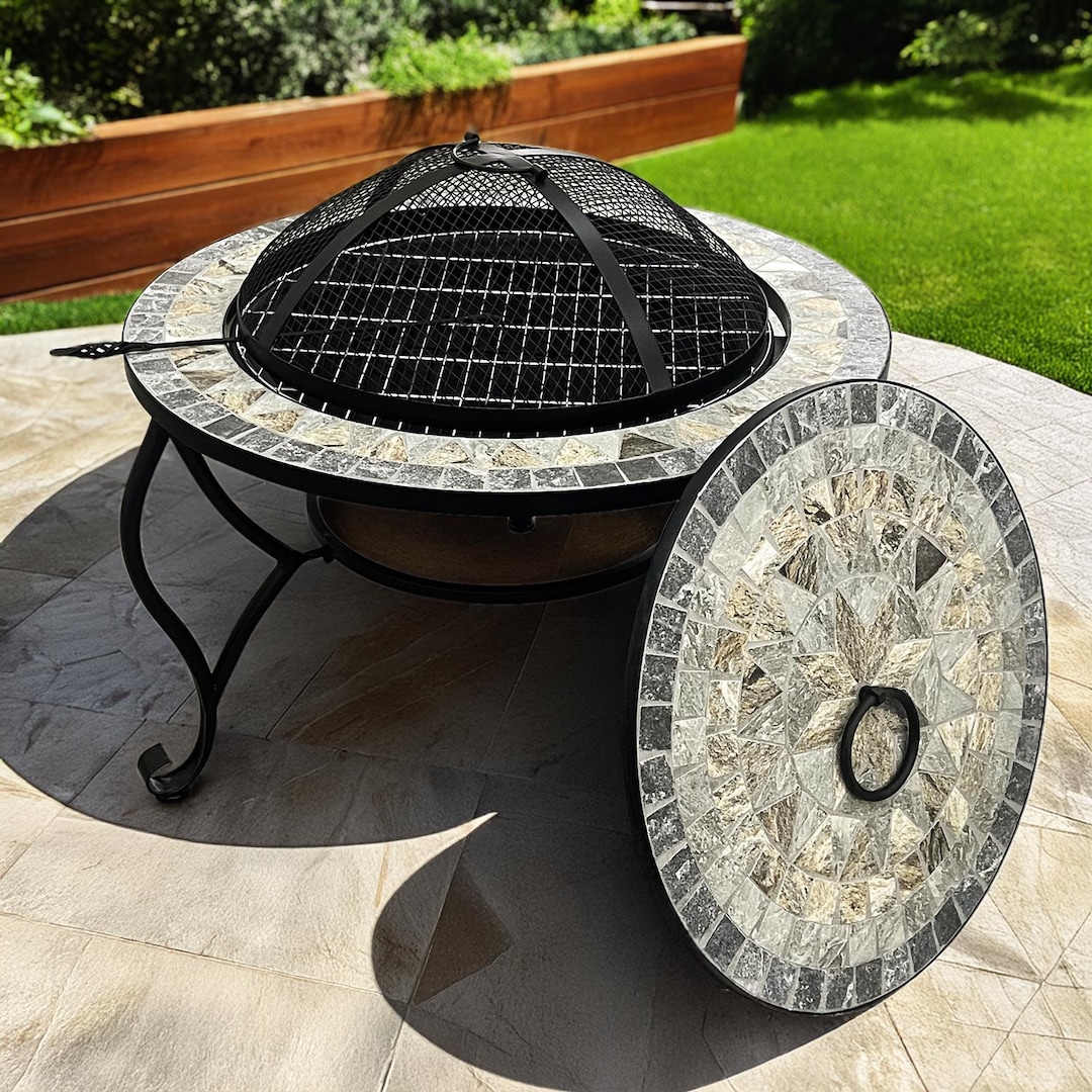 Round Mosaic Tile Metal Fire Pit "grey Rocks" - Etsy