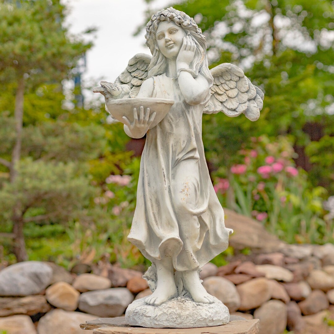 39 Inch Tall Magnesium Angel Statue With Birdbath 2 Color Options - Etsy