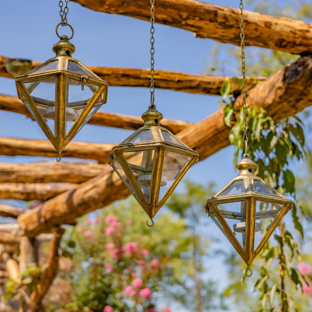 Iron & Glass Hanging 3-piece Lantern Chain in Frosted Gold "diamante ...