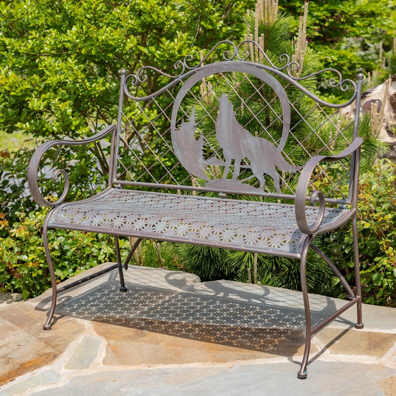Classic Iron Garden Bench With Howling Wolf and Moon Silhouette ...